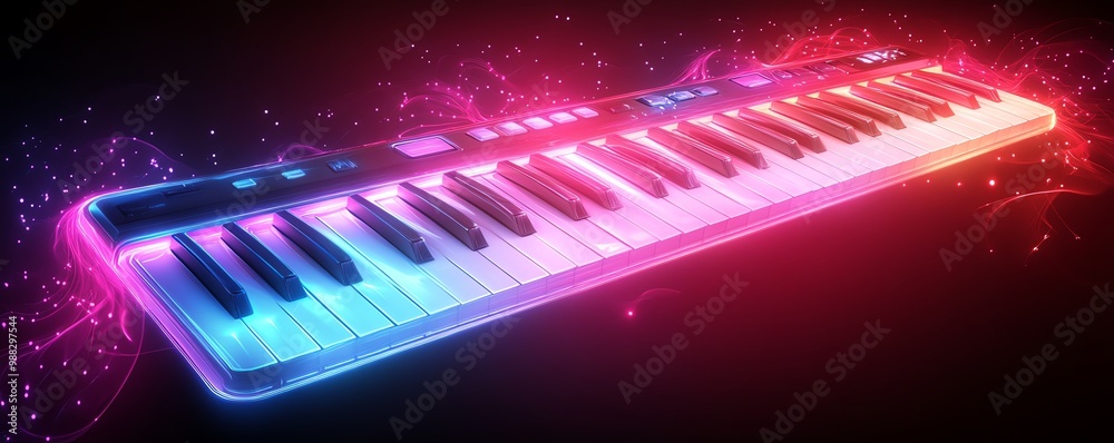 A keyboard with digital sound effects, electronic music vibe ...