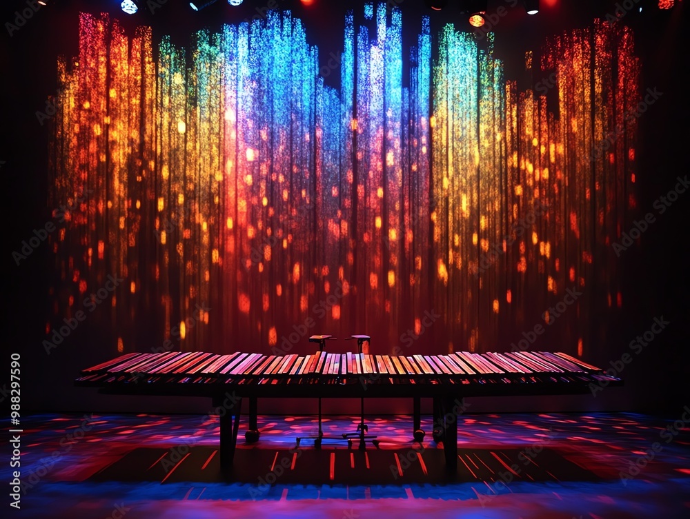 A marimba in the spotlight, vibrant notes bouncing out, each bar ...
