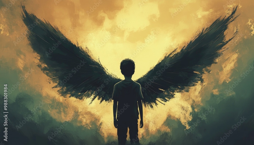 Imaginative artwork of a boy with shadowy bird wings depicting themes ...
