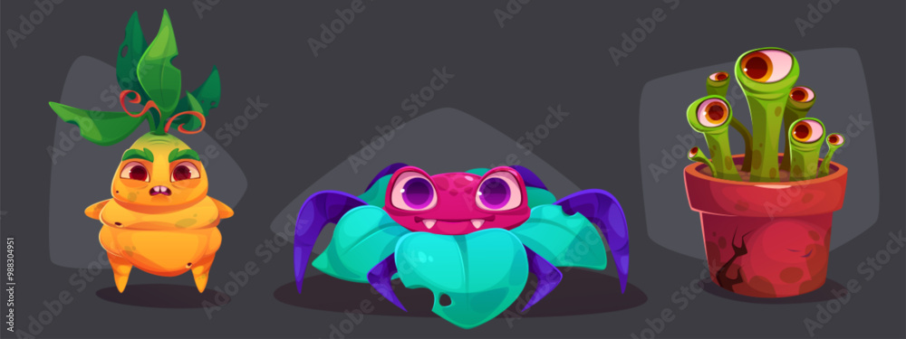 Creepy monster plants set isolated on black background. Vector cartoon ...