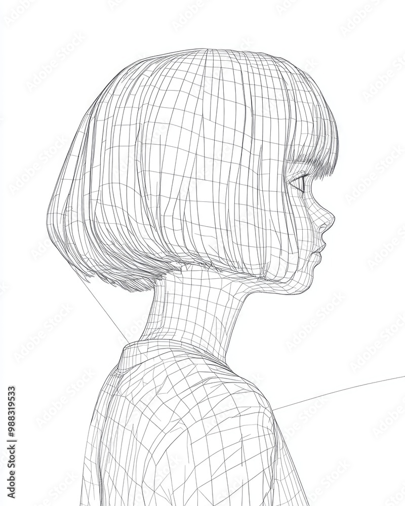 Line art illustration of a wireframe figure of a girl with a short ...