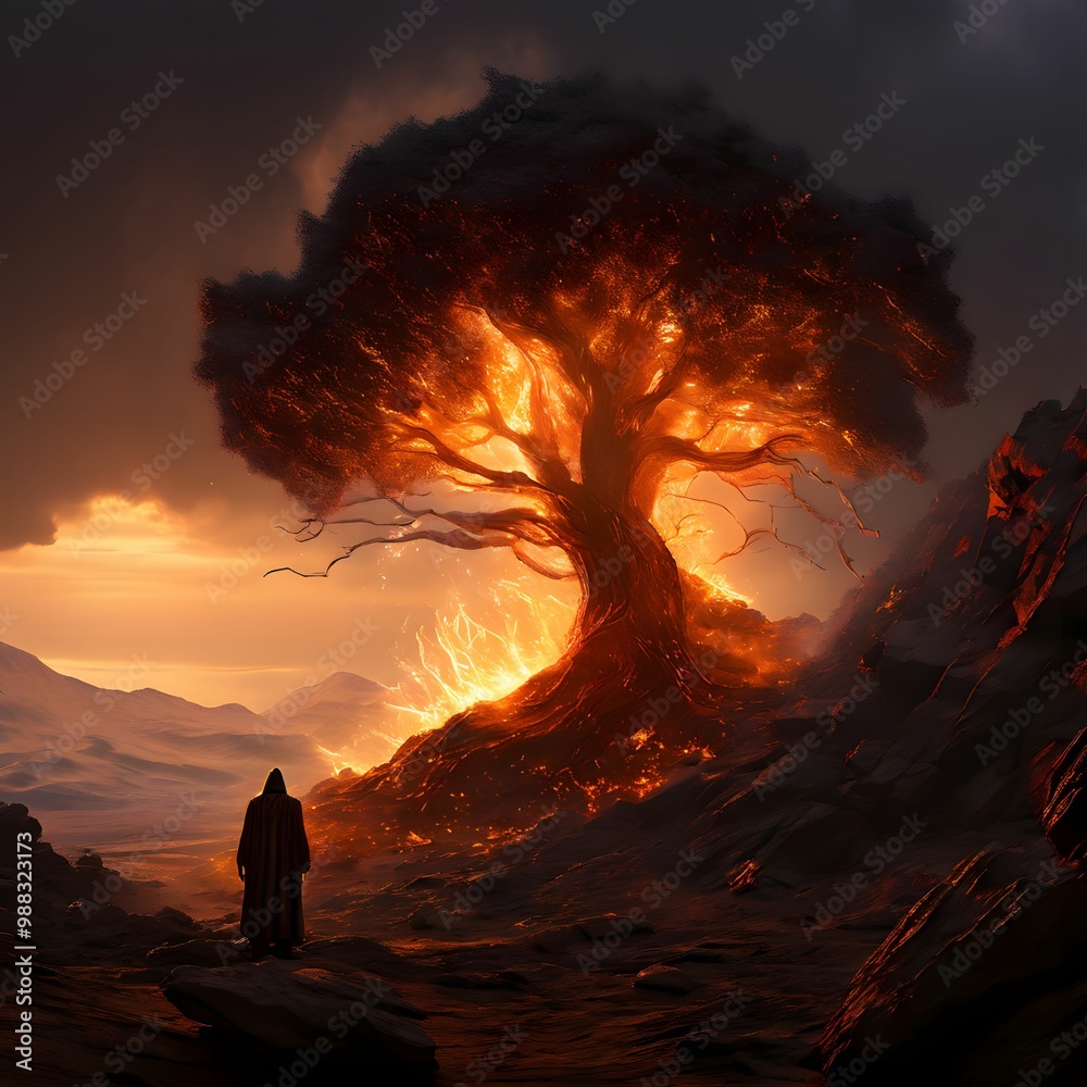 Biblical illustration, Moses saw a burning bush but was not consumed by ...