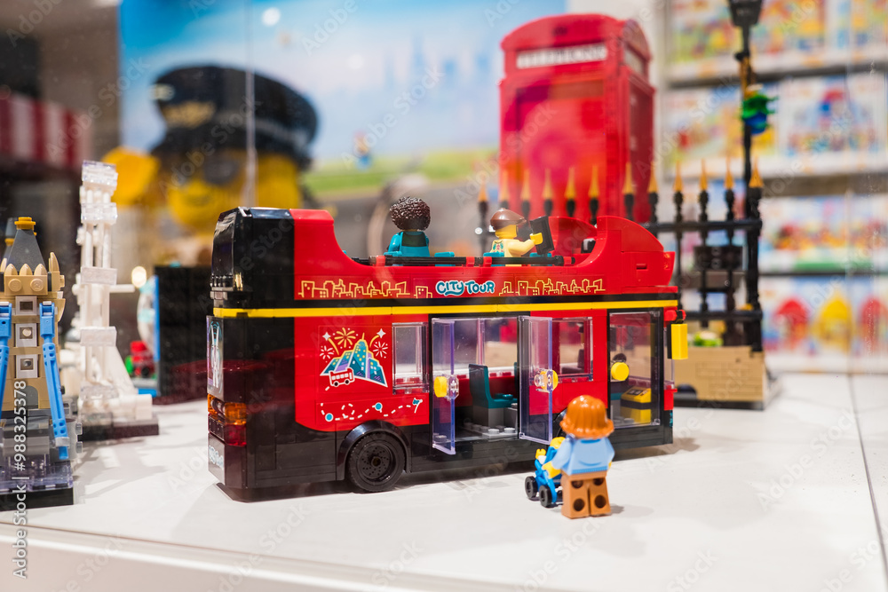 London, UK - July 26, 2024: Huge Lego sculpture of a traditional red ...