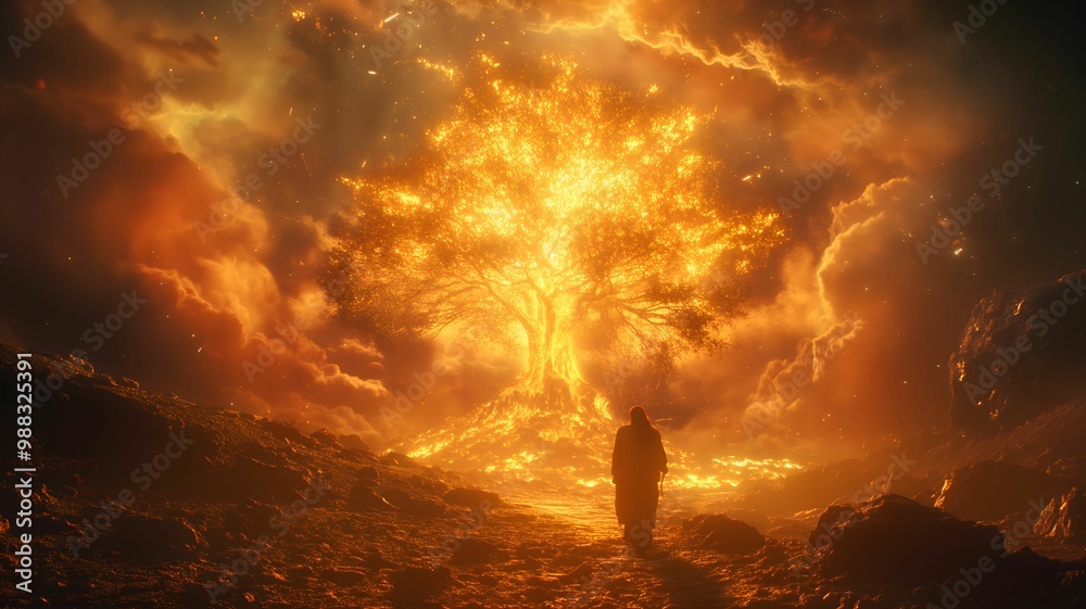 Ilustración de Stock Biblical illustration, Moses saw a burning bush ...