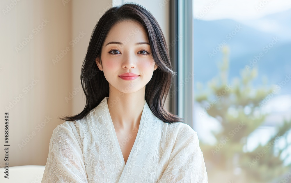 Beautiful 40-year-old Japanese woman, fit and toned, in a relaxed yoga ...