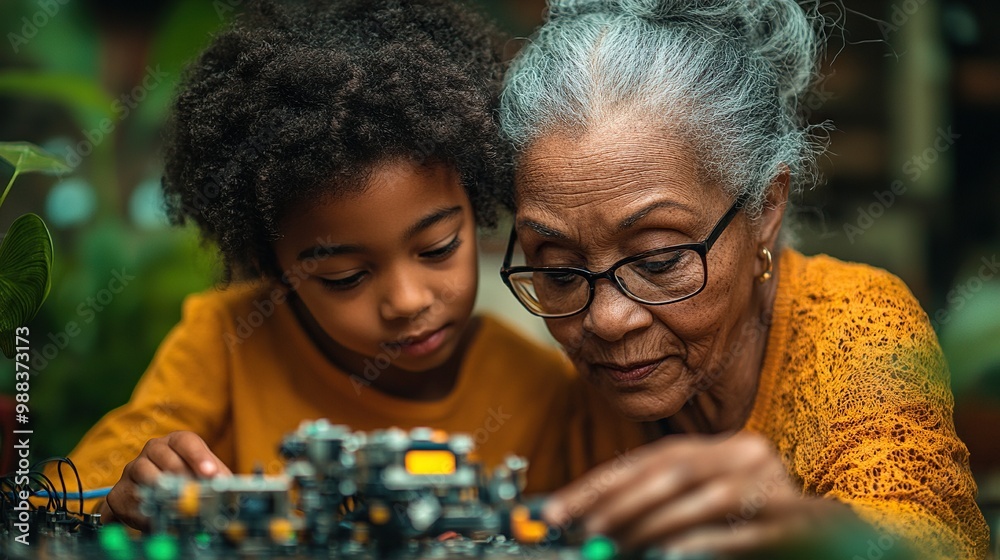 grandmother supporting granddaughter in robotics science it ...