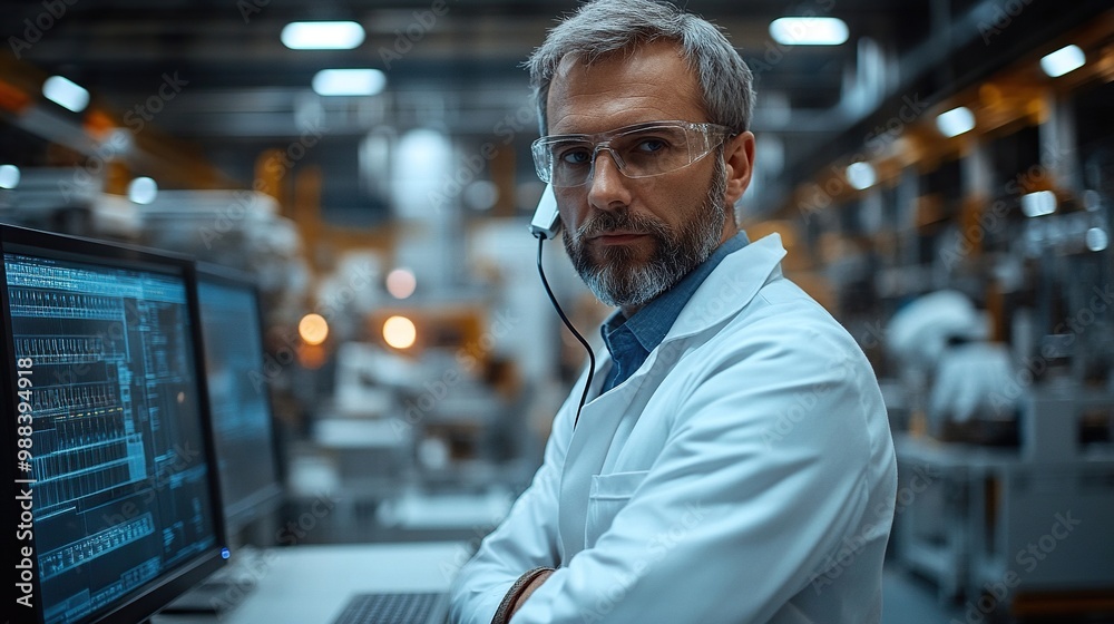 manager standing by computer in modern industrial factory making phone ...