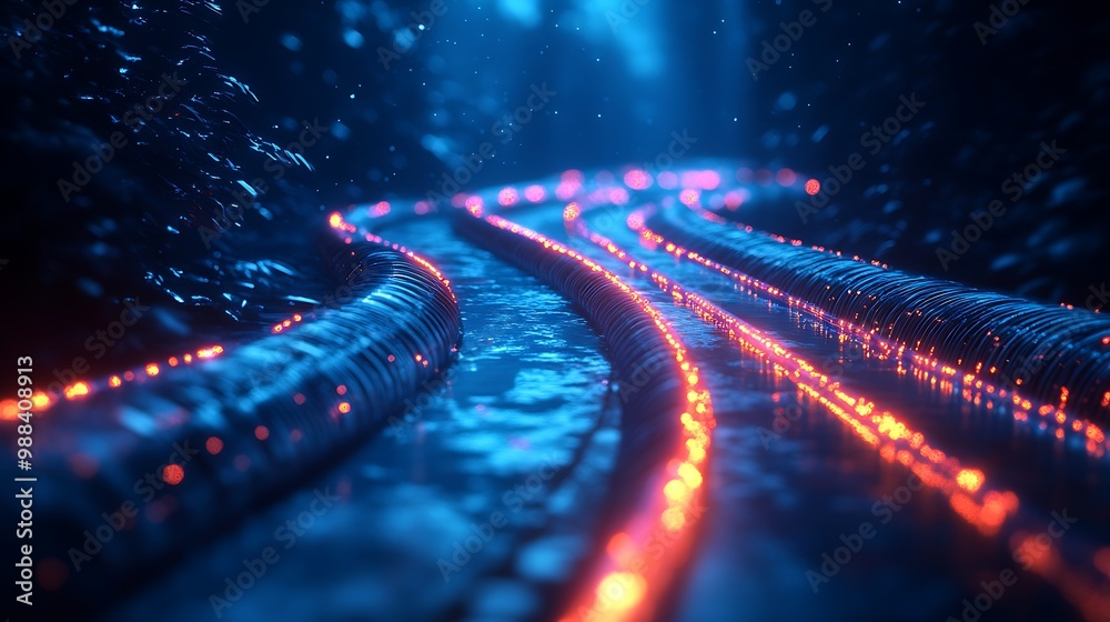 Futuristic depiction of a network of fiber-optic cables running along ...