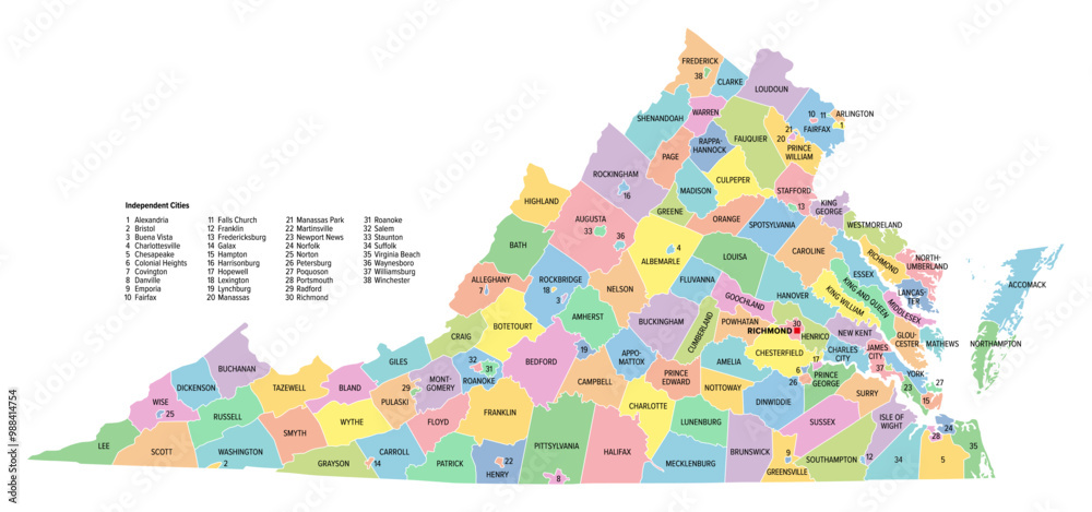 Virginia, U.S. state, subdivided into 95 counties and 38 independent ...