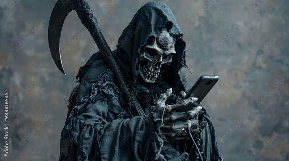 Awful grim reaper, with a scythe and wearing skeleton mask, uses a ...