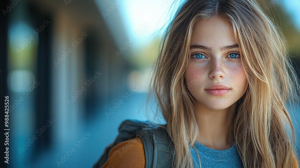 sad girl alone sitting in front of school building waiting for parents ...