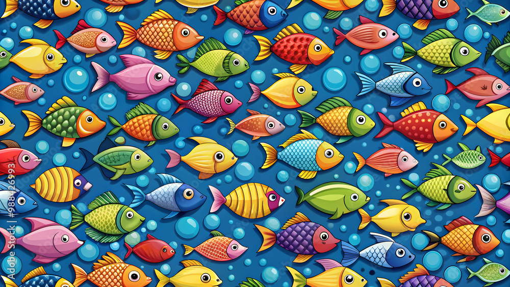 Seamless pattern of colorful fishes swimming in a repetitive design ...