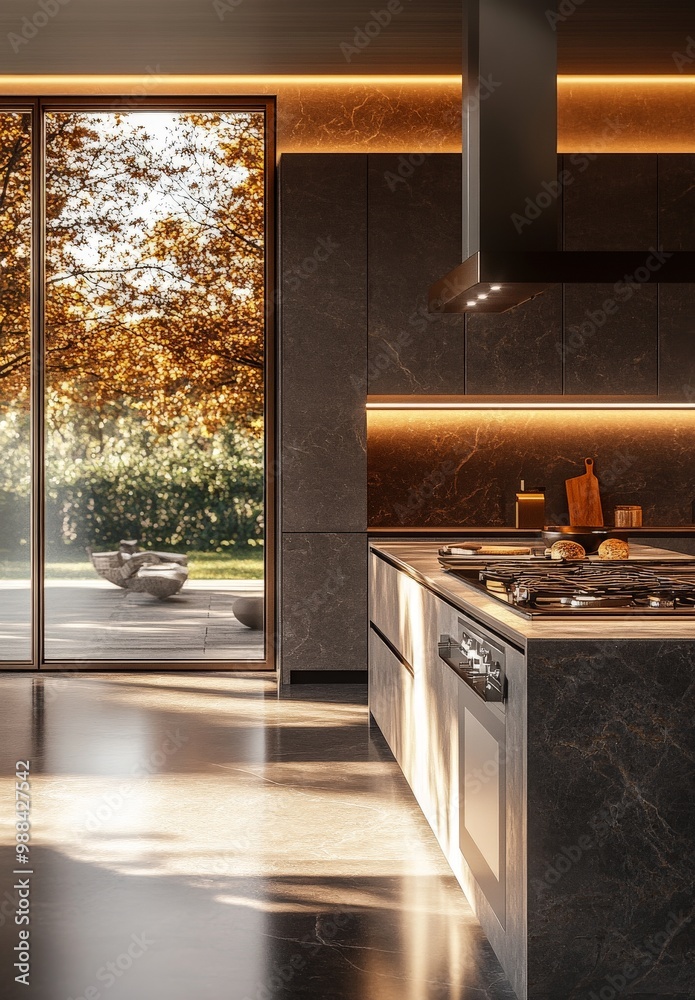 Open modern kitchen scene with integrated stove system with frosted ...