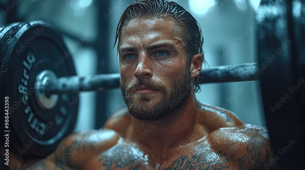 strong man performing front squat barbell resting on front shoulders ...