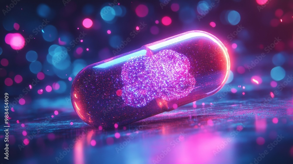 A dissolving capsule releasing holographic particles, forming a human ...