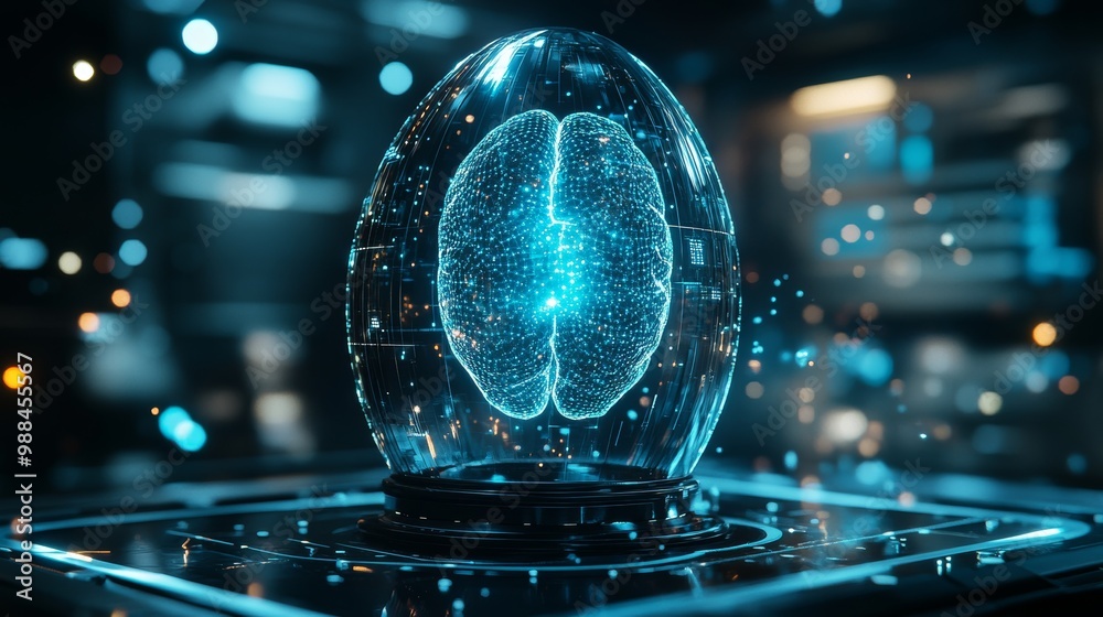 A futuristic capsule dissolving into radiant particles, which form a ...