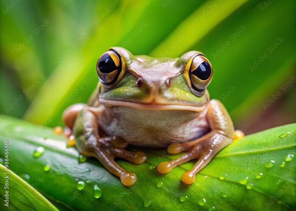 A peeper frog rests comfortably on a vibrant green leaf, its webbed ...
