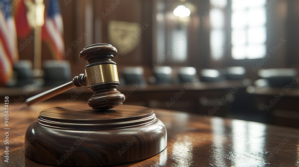 Court hammer displayed on a courtroom podium with a focus on its design ...