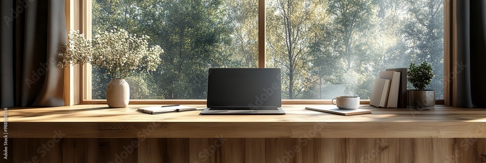 Laptop showing black screen on desk with window view of forest Stock ...