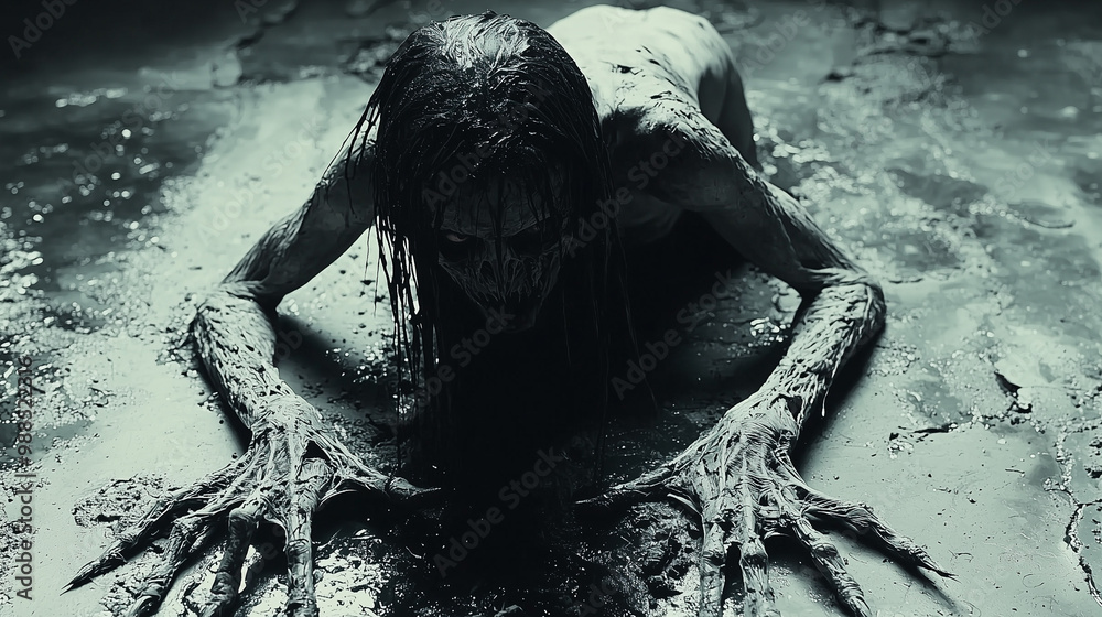 from the abyss, a waterlogged horror approaches, its eyes hollow with ...