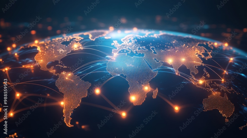 Global trade visualization with connecting lines across a world map ...