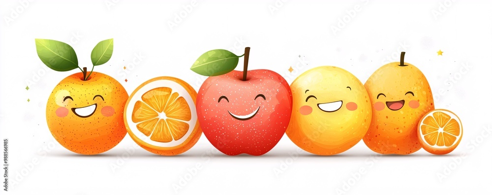 Cute fruit clipart with smiling faces on apples and oranges. Stock ...