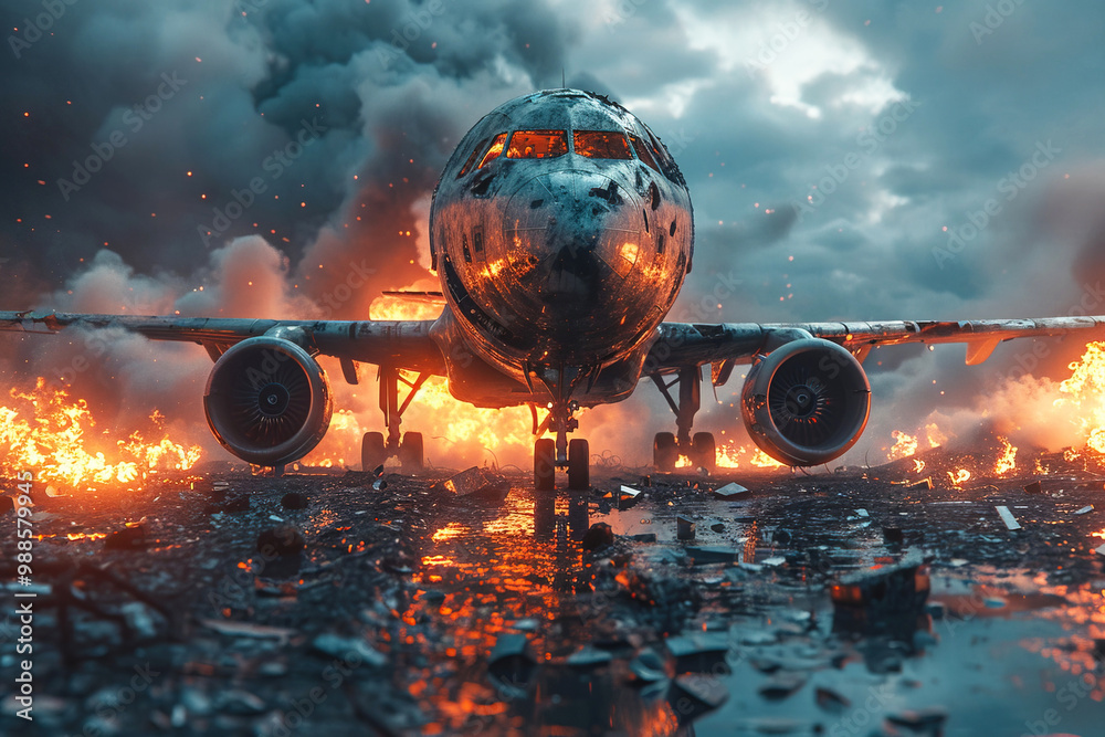 Airplane crash, debris on the ground, smoke-filled disaster on fire ...