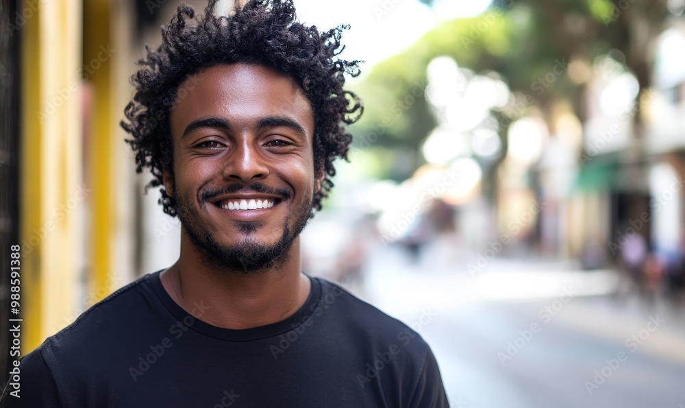 One happy black Brazilian young man standing by sidewalk street smiling ...