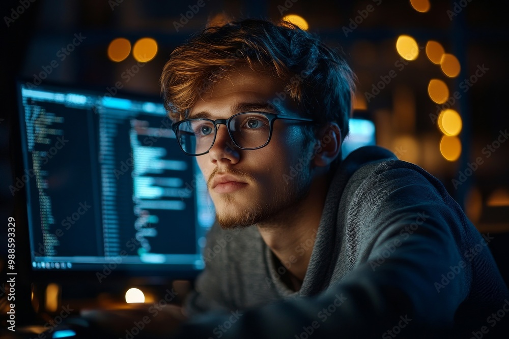 Hes going to pull an all nighter. Shot of a focused young programmer ...