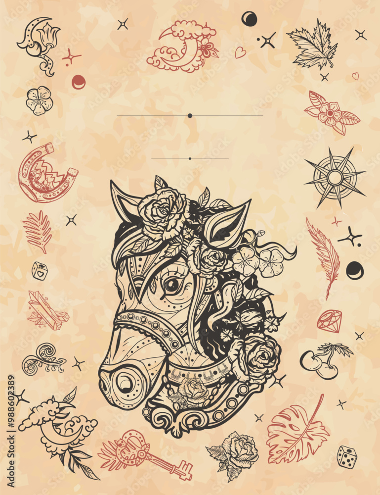 Beautiful horse. Farm animals portrait. Old paper vector. Cover page ...