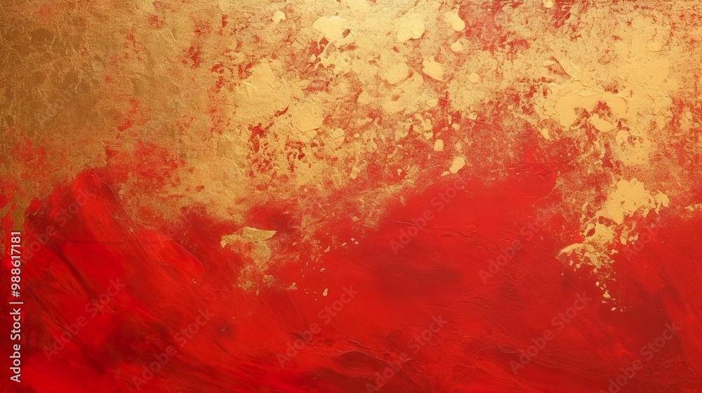 Chinese Abstract gold ink in red paper texture fat paint on surface ...