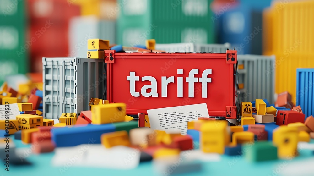 Colorful shipping containers with a focus on a red tariff container ...
