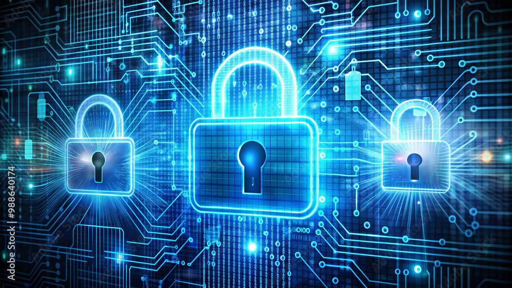 Three glowing digital locks are displayed against a vibrant circuitry ...