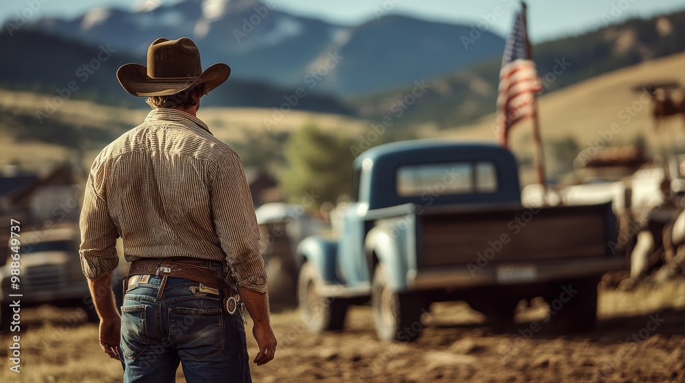 Rodeo cowboy in full gear preparing to enter the arena, with a classic ...