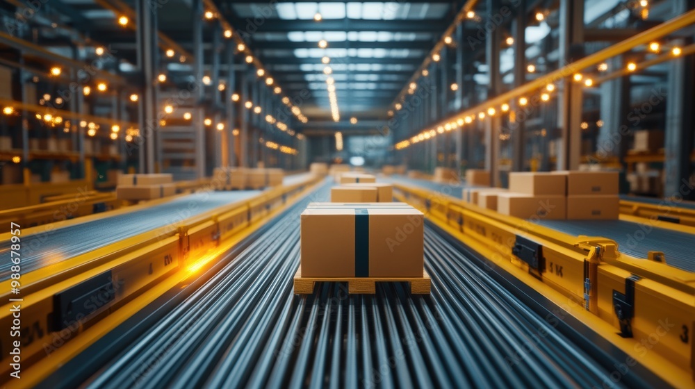 A detailed view of a distribution center with packages on a conveyor ...