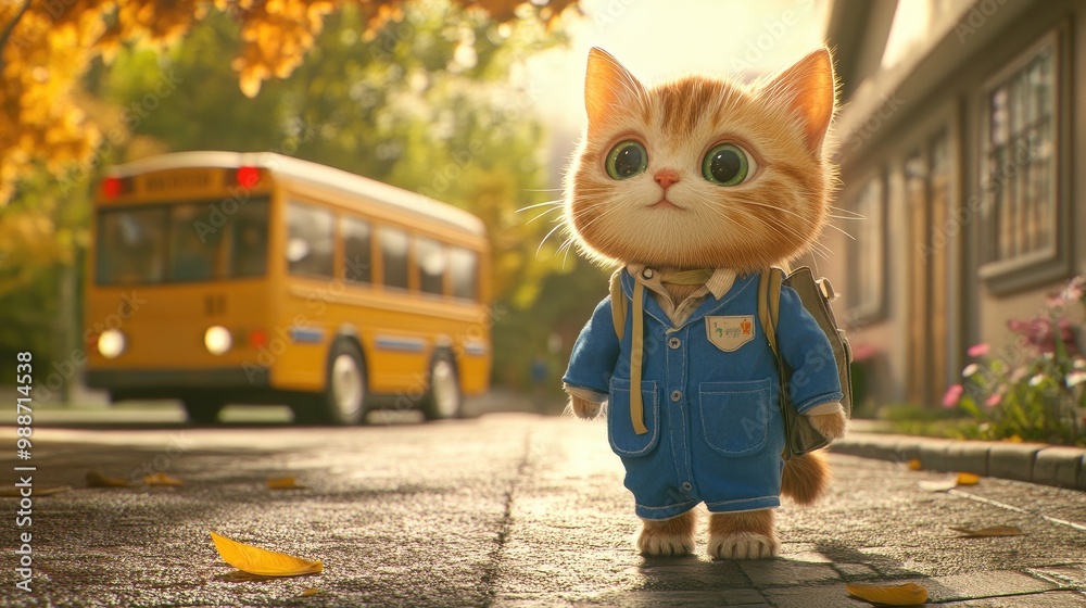 3D kitten dressed for school, standing near a house, eagerly watching ...