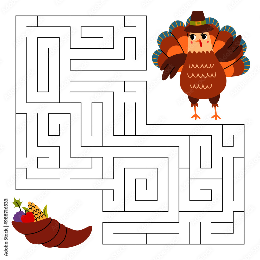 Thanksgiving maze game for kids. Turkey looking for a way to the ...