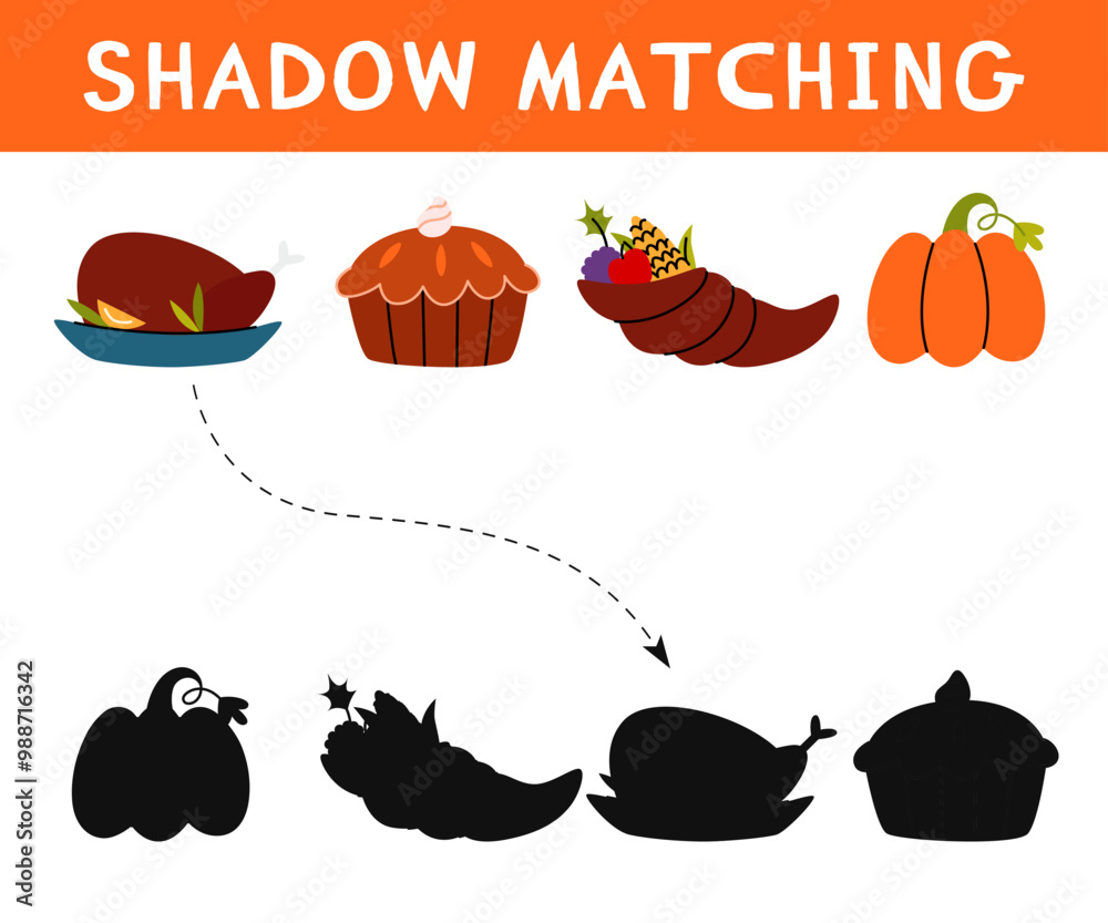Thanksgiving shadow matching activity for children. Autumn puzzle with ...