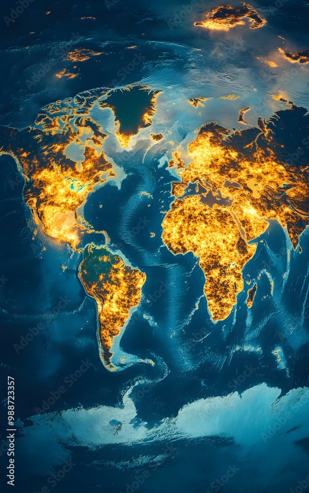 Digital map of the world with hot zones representing climate change ...