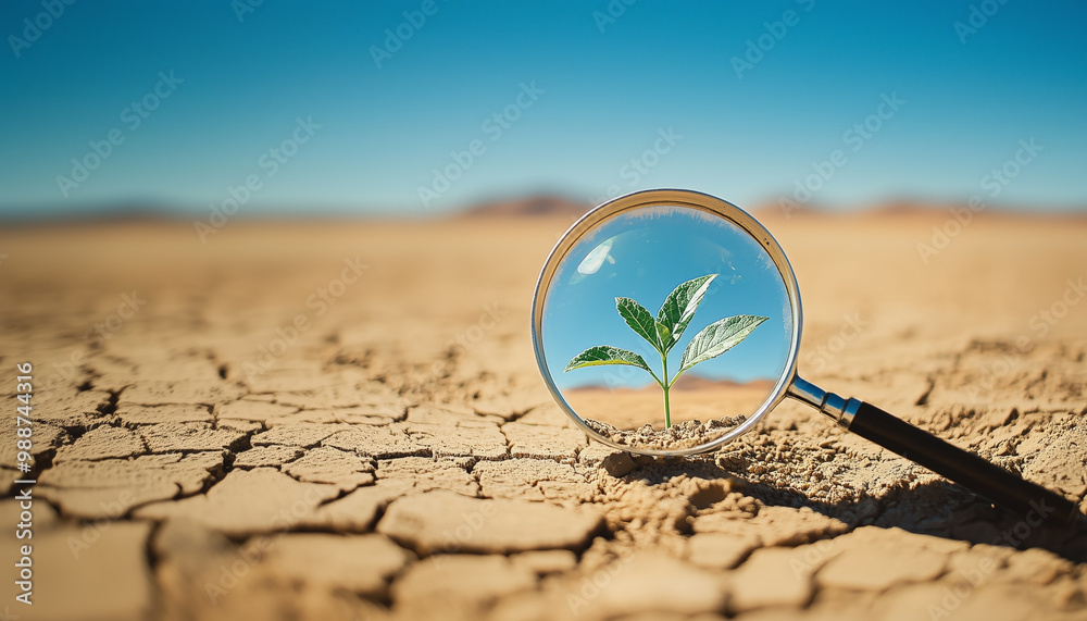 A magnifying glass highlighting a small green plant growing in a ...