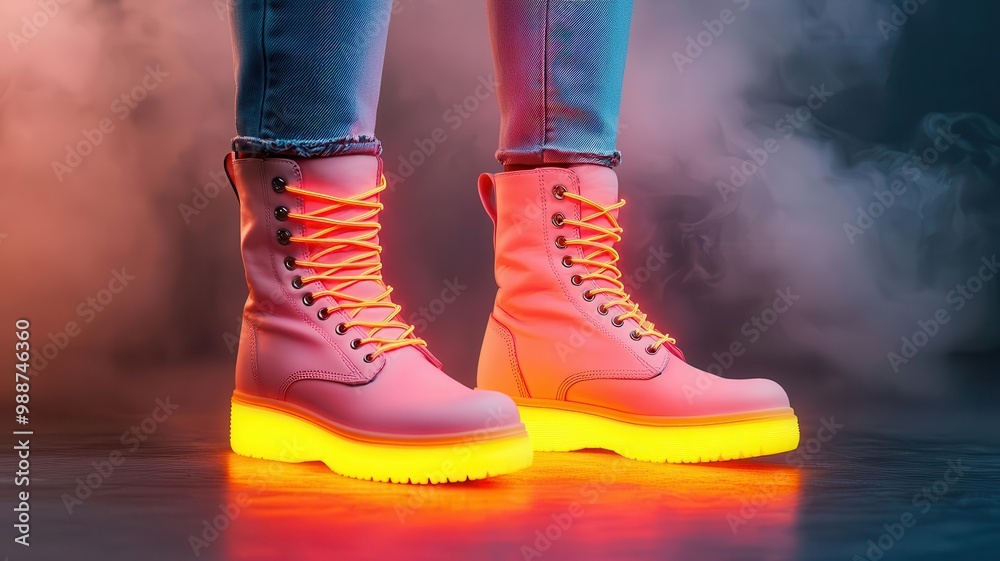 Fashion show featuring glowing, UVreactive boots, with bright neon ...