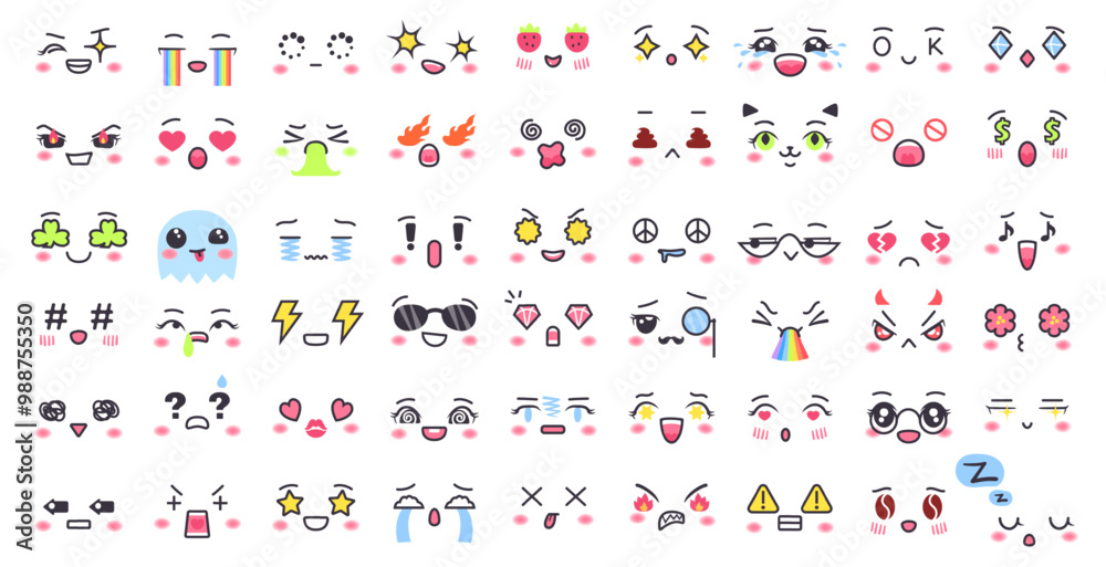 Cute kawaii faces. Anime facial expressions, manga style emotions with ...