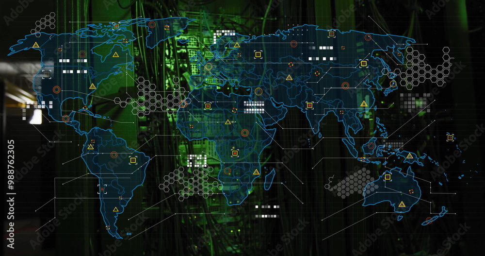 World map with data points and network connections image over server ...