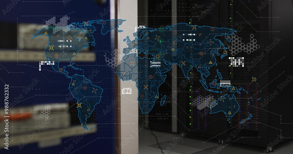 World map with data points and network connections image over server ...