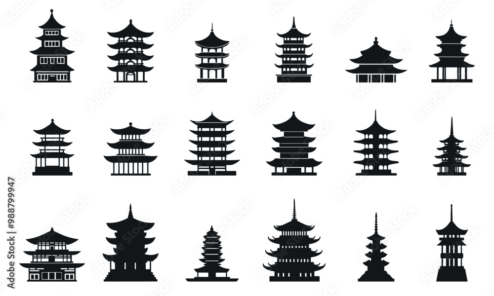 Pagoda silhouette black icons set. Japanese Chinese architecture Asian ...