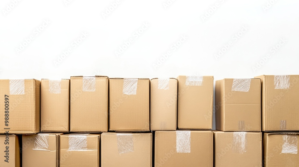 A column of cardboard boxes, each securely taped, arranged on a white ...