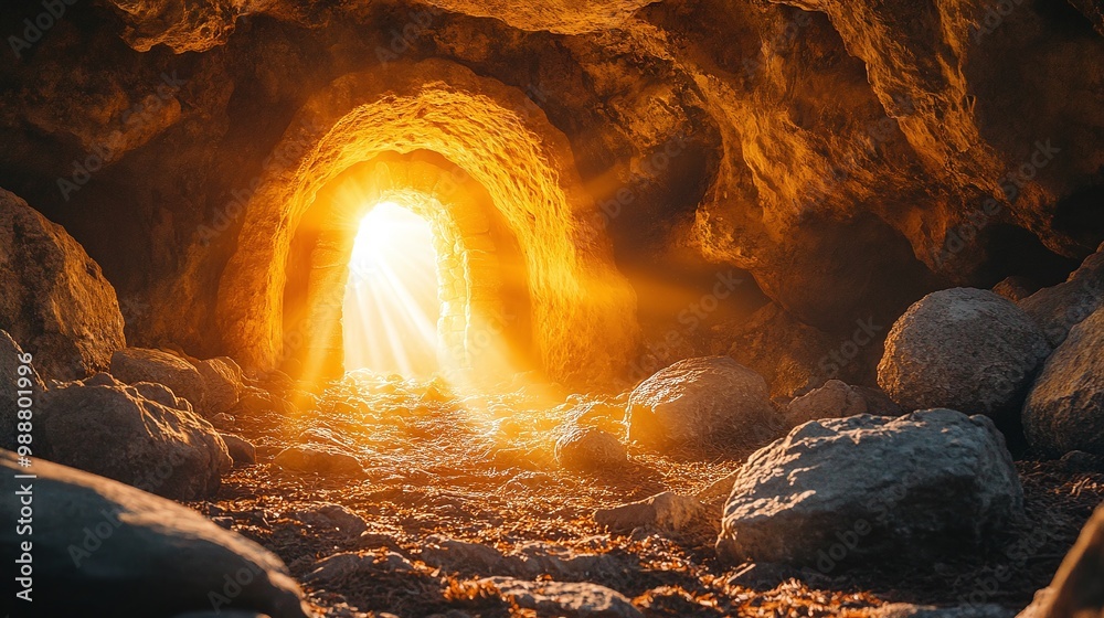 empty tomb with glowing beams of light inside a stone cave, symbolizing ...
