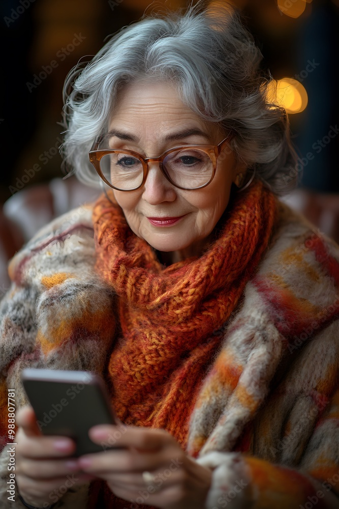 Senior woman looking at her phone camera, leading a video call with ...