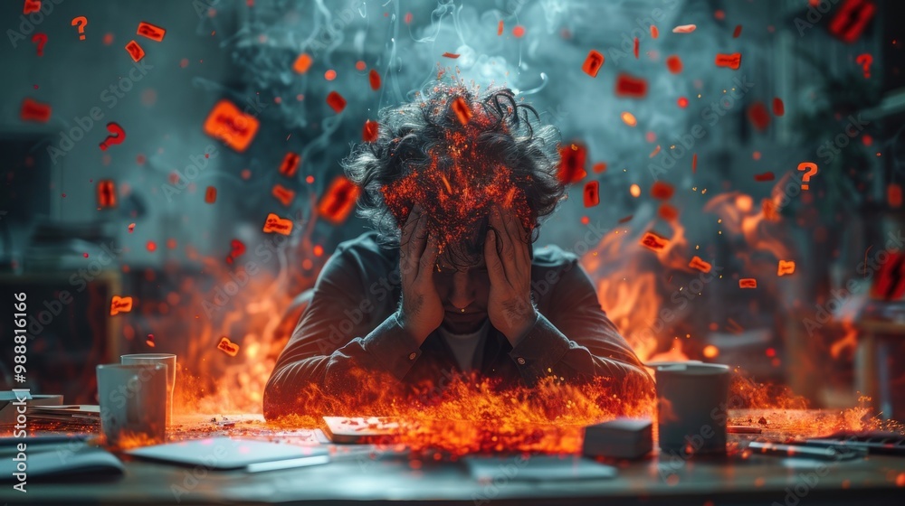 A figure at a desk with their head in their hands, surrounded by ...