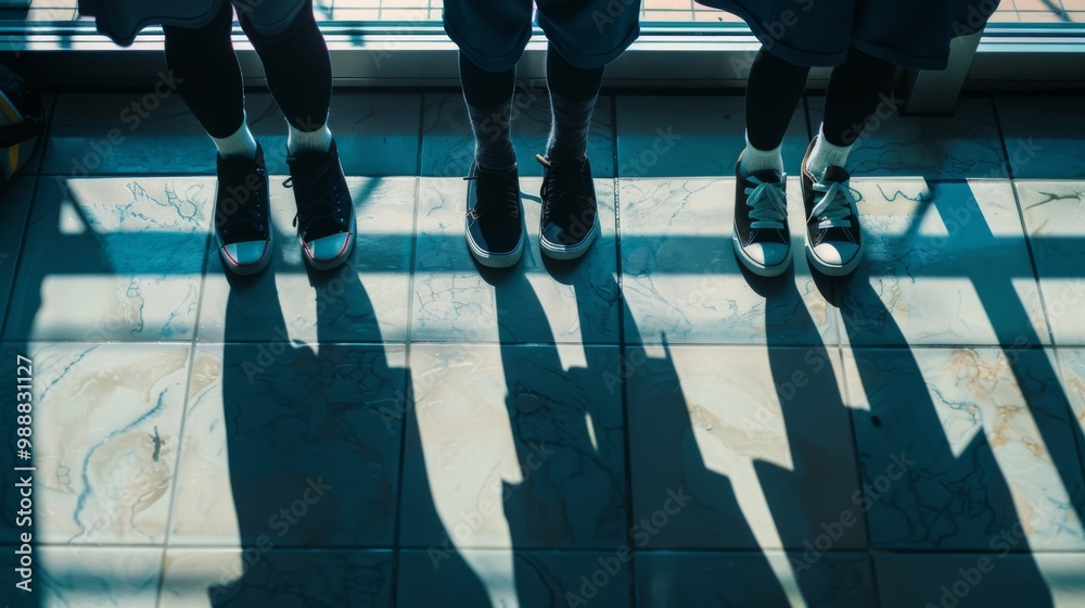 Shadows cast on a tiled floor reveal a group of people standing closely ...